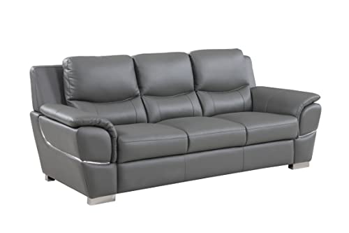 Blackjack Furniture Binion 1 Piece Modern Genuine Leather Sofa for Living Room with Padded Headrest, Wide Arms & Chrome Accents, Elegant Upholstered Couch, Sofa, Gray