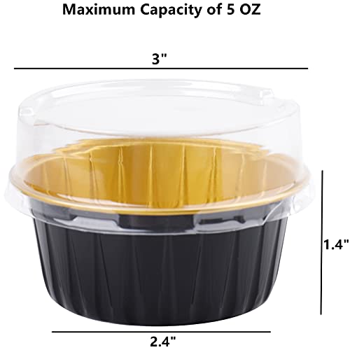 DEAYOU 100 Pieces Aluminum Foil Baking Cups with Lids, 5oz Disposable Ramekins Muffin Cups, 3" Cupcake Foil Liners Tart Pie Tin Pan Holder for Pudding, Souffle, Party, Wedding, Black Gold Color