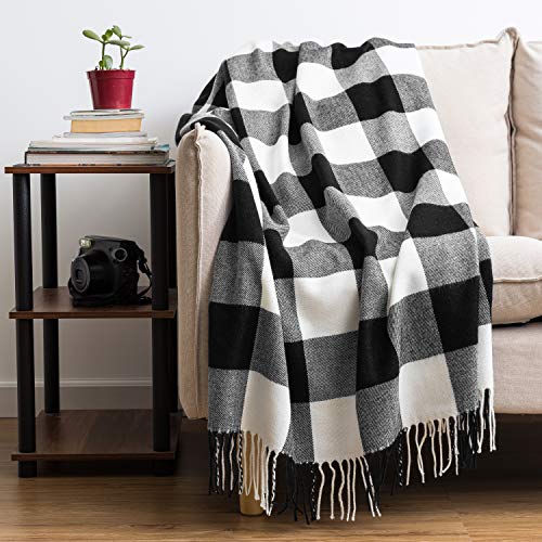 Buffalo Plaid Throw Blanket for Couch - Farmhouse Throw with Check Pattern - Soft Woven with Decorative Fringe - Lightweight for Bed, Sofa, Chair, Office, Outdoor - 50 x 60 in. (Black)