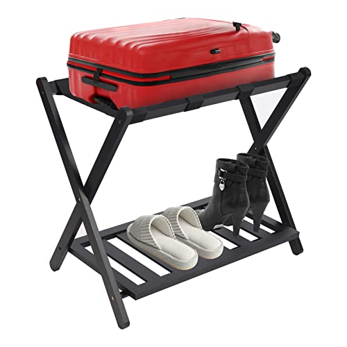 AKVOMBI Folding Luggage Racks for Guest Room, 2 Tier Suitcase Holder Stand with Shelf, Luggage Stand with Heavy Duty Nylon Belts for Bedroom, Hotel, Black