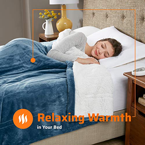 Soft Sherpa Heated Electric Blanket Twin XL Size, | Controller with 1-10 Hour Auto Shut Off | 20 Heat Settings | Washable, 64" x 86" Blue