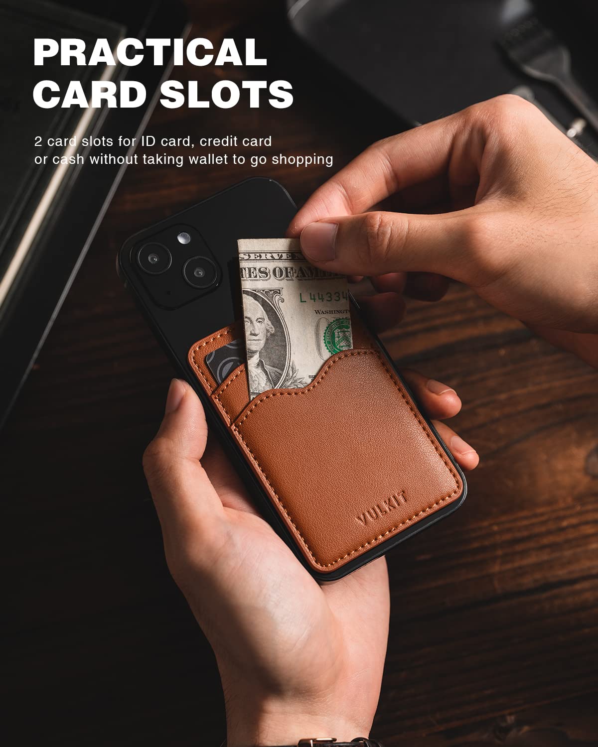 VULKIT Phone Card Holder Slim Leather Adhesive Pocket RFID Blocking Credit Card Sleeves Sticker for Back of Smartphone(Brown)