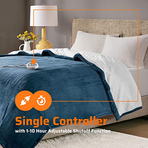 Soft Sherpa Heated Electric Blanket Twin XL Size, | Controller with 1-10 Hour Auto Shut Off | 20 Heat Settings | Washable, 64" x 86" Blue