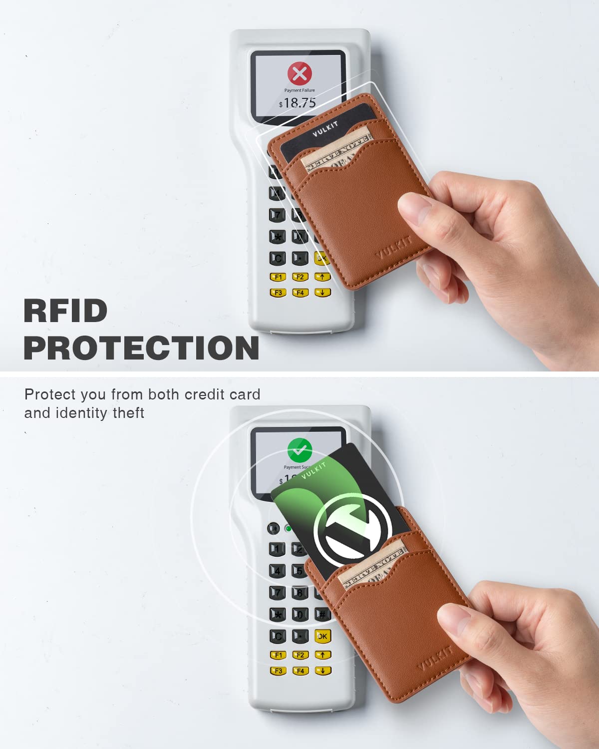 VULKIT Phone Card Holder Slim Leather Adhesive Pocket RFID Blocking Credit Card Sleeves Sticker for Back of Smartphone(Brown)