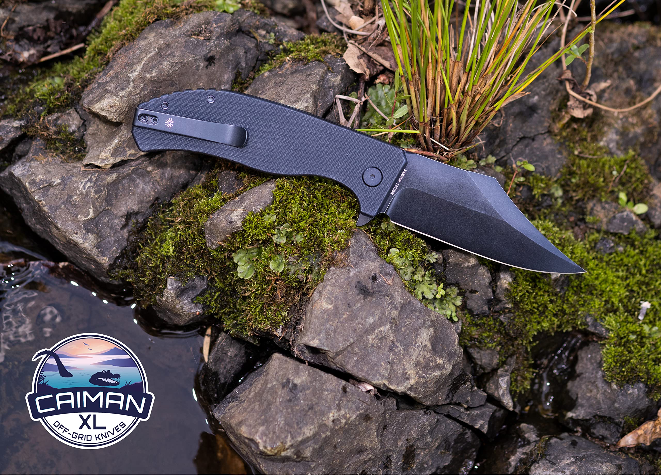 Off-Grid Knives - Caiman XL Folding Knife w. Bowie Blade, Sandvik 14C28N Steel, G10 Scales, Deep Carry Clip