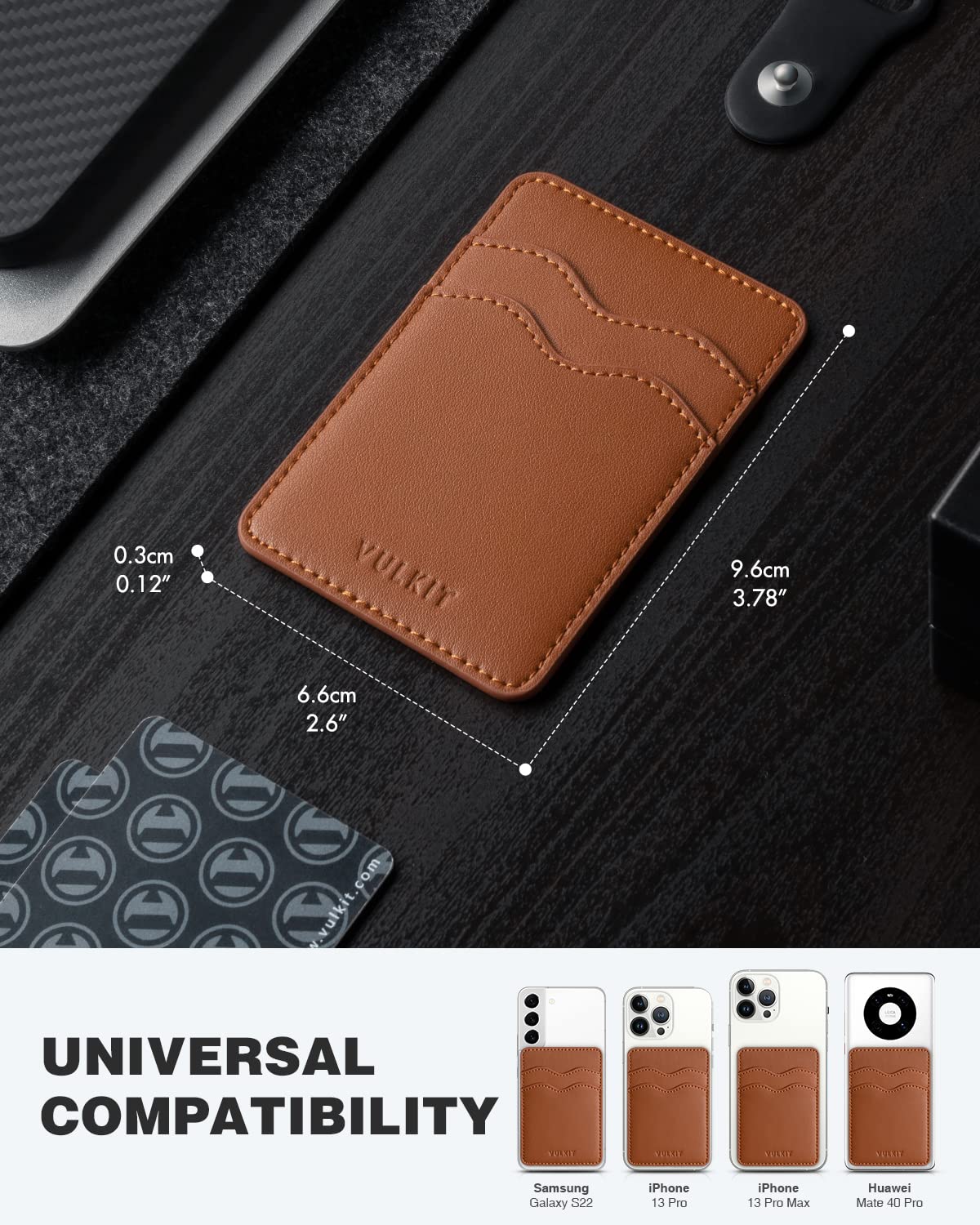 VULKIT Phone Card Holder Slim Leather Adhesive Pocket RFID Blocking Credit Card Sleeves Sticker for Back of Smartphone(Brown)