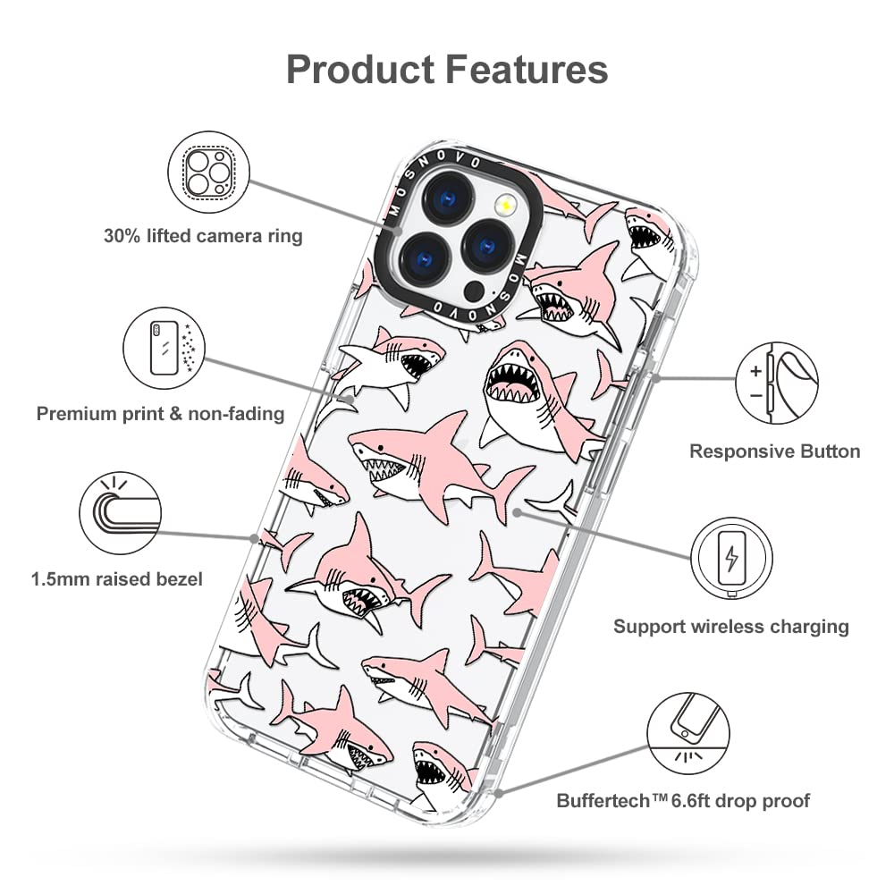 MOSNOVO Case for iPhone 13 Pro Max, [Buffertech 6.6ft Military-Grade Drop Protection] [Anti Peel Off Tech] Clear TPU Bumper Phone Case Cover Design - Pink Sharks
