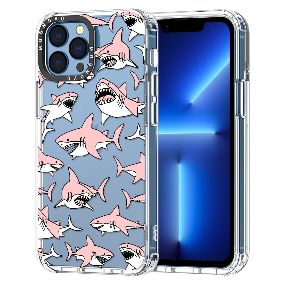 MOSNOVO Case for iPhone 13 Pro Max, [Buffertech 6.6ft Military-Grade Drop Protection] [Anti Peel Off Tech] Clear TPU Bumper Phone Case Cover Design - Pink Sharks