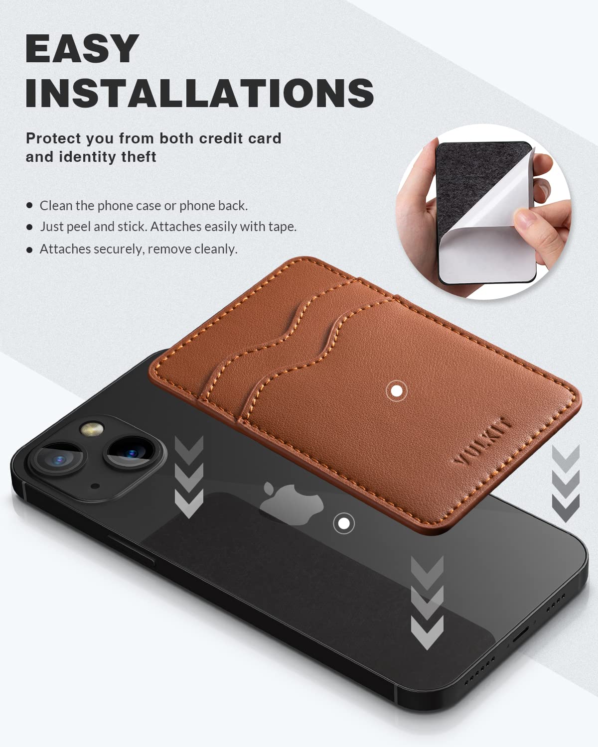 VULKIT Phone Card Holder Slim Leather Adhesive Pocket RFID Blocking Credit Card Sleeves Sticker for Back of Smartphone(Brown)