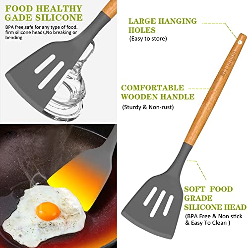 Silicone Cooking Utensil Set, 35 Pcs Kitchen Utensils Cooking Utensils Set by Fungun, Non-stick Heat Resistant Kitchen Gadgets Cookware with Natural Wooden Handle -(Gray)