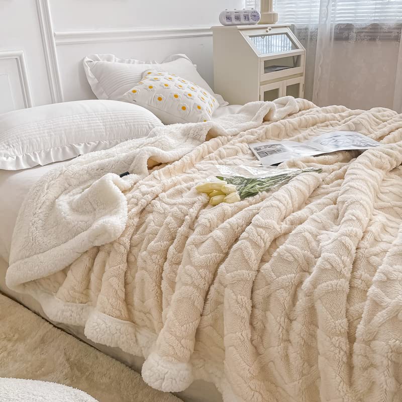Bedbay Sherpa Fleece Blanket 70x80 Inch Beige Throw Blanket Boho Tufted Blanket Soft Warm Plush Sherpa Fleece Blanket Versatile Blanket Fluffy Blanket for Bed Sofa Couch Travel(Cream,70"x80")