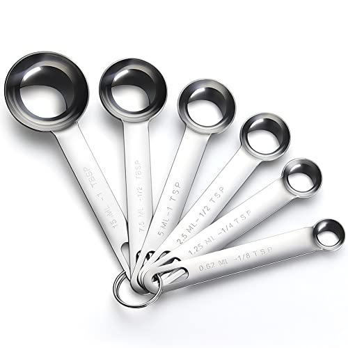 Measuring Spoons, AOOSY 6 Piece Measuring Spoons Set Stainless Steel Round Heavy Duty Mirror Polished 1/8 TSP, 1/4 TSP, 1/2 TSP, 1 TSP, 1/2 TBSP & 1 TBSP Measuring Spoon for Baking Food Cooking