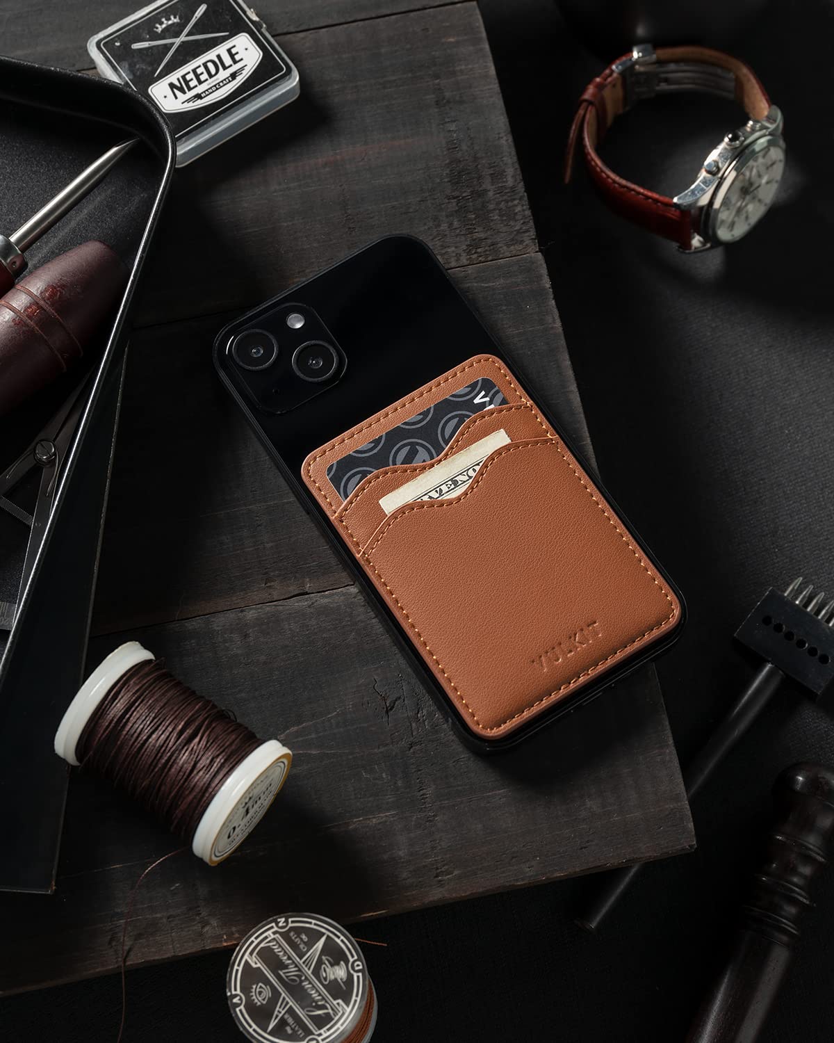 VULKIT Phone Card Holder Slim Leather Adhesive Pocket RFID Blocking Credit Card Sleeves Sticker for Back of Smartphone(Brown)