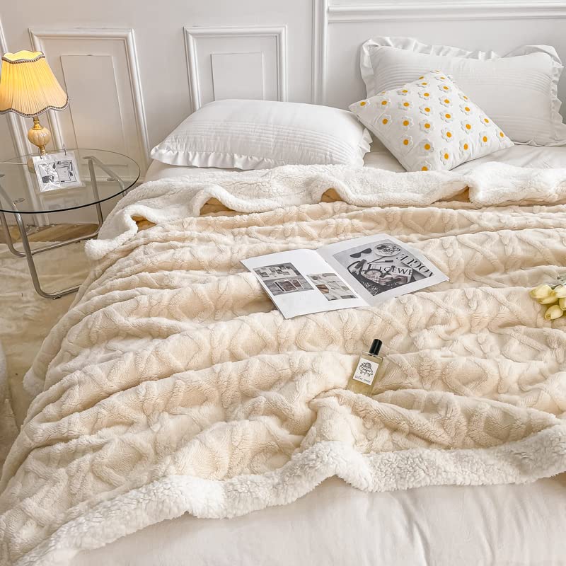 Bedbay Sherpa Fleece Blanket 70x80 Inch Beige Throw Blanket Boho Tufted Blanket Soft Warm Plush Sherpa Fleece Blanket Versatile Blanket Fluffy Blanket for Bed Sofa Couch Travel(Cream,70"x80")