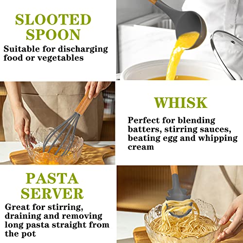 Silicone Cooking Utensil Set, 35 Pcs Kitchen Utensils Cooking Utensils Set by Fungun, Non-stick Heat Resistant Kitchen Gadgets Cookware with Natural Wooden Handle -(Gray)