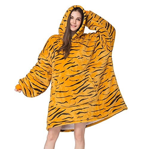 RONGTAI Oversized Wearable Blankets,Soft Plush Printed Sherpa Blanket Sweatshirt with Pockets,One Size Fits All,Tiger