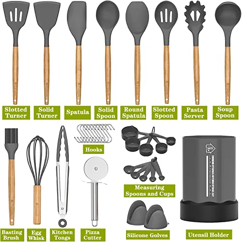 Silicone Cooking Utensil Set, 35 Pcs Kitchen Utensils Cooking Utensils Set by Fungun, Non-stick Heat Resistant Kitchen Gadgets Cookware with Natural Wooden Handle -(Gray)