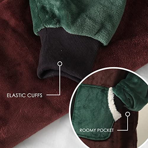 Marquess Oversized Wearable Blanket Microfiber & Sherpa Hoodie For Men/Woman | Soft Warm Fleece Hooded Blanket Sweatshirt with Large Pockets, One Size Fits All (BROWN&GREEN)