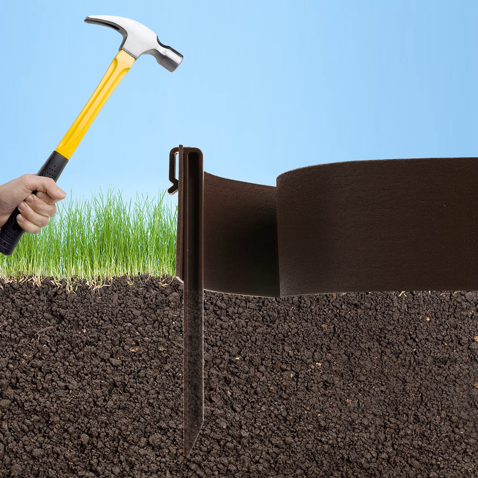 Hacaroa 40 Feet Landscape Edging Coil with 24 Anchoring Stakes, Plastic Terrace Board 4 Inch High, Decorative Grass Barrier Garden Edging Border for Lawn, Fence, Flower Bed, Wood Grain, Brown