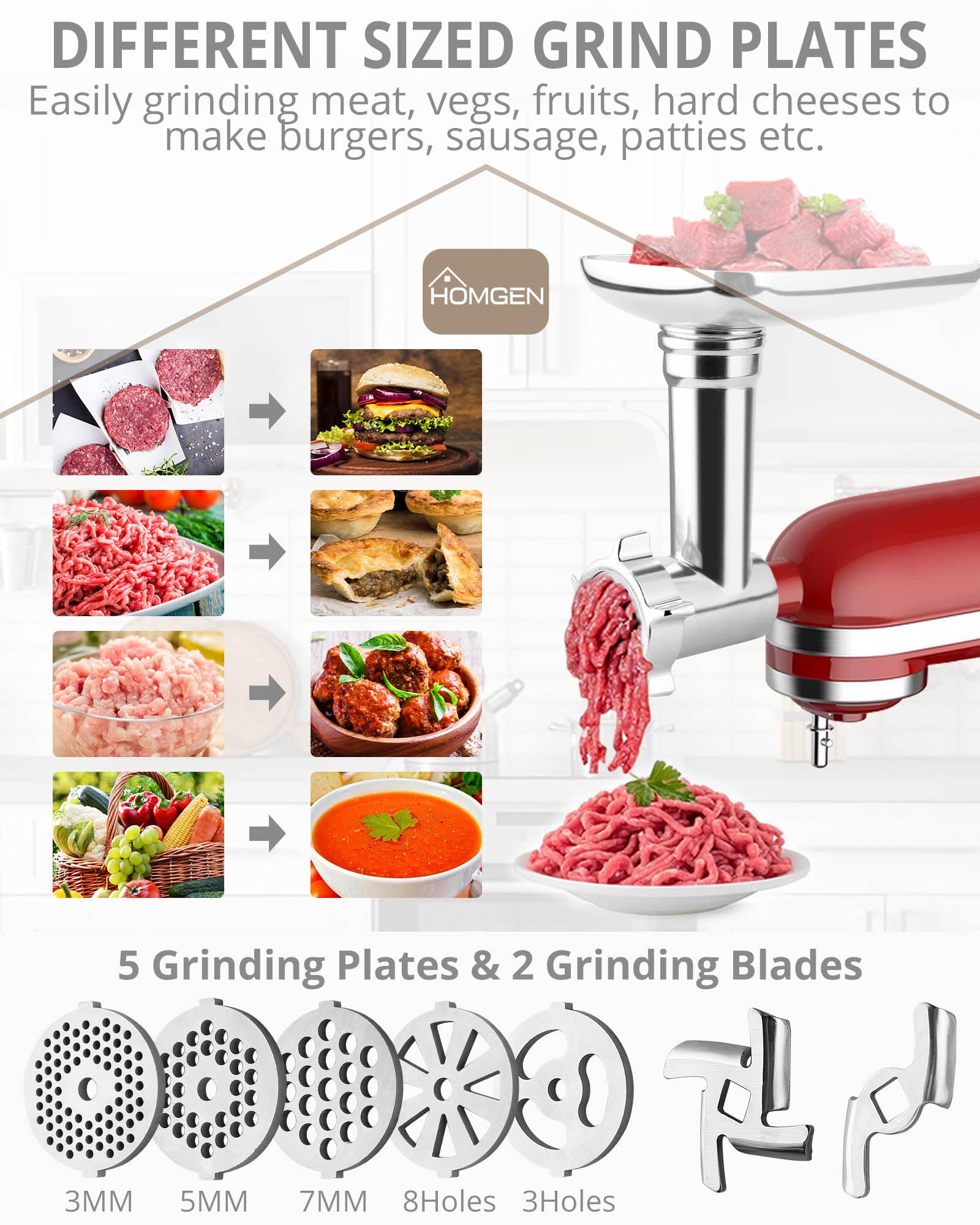 Meat Grinder Attachment for Kitchenaid, HOMGEN Professional Food Meat Grinder Attachment for Kitchenaid Durable Sausage Stuffer for kitchenaid Standmixers With Complete Accessories to Enjoy Cooking