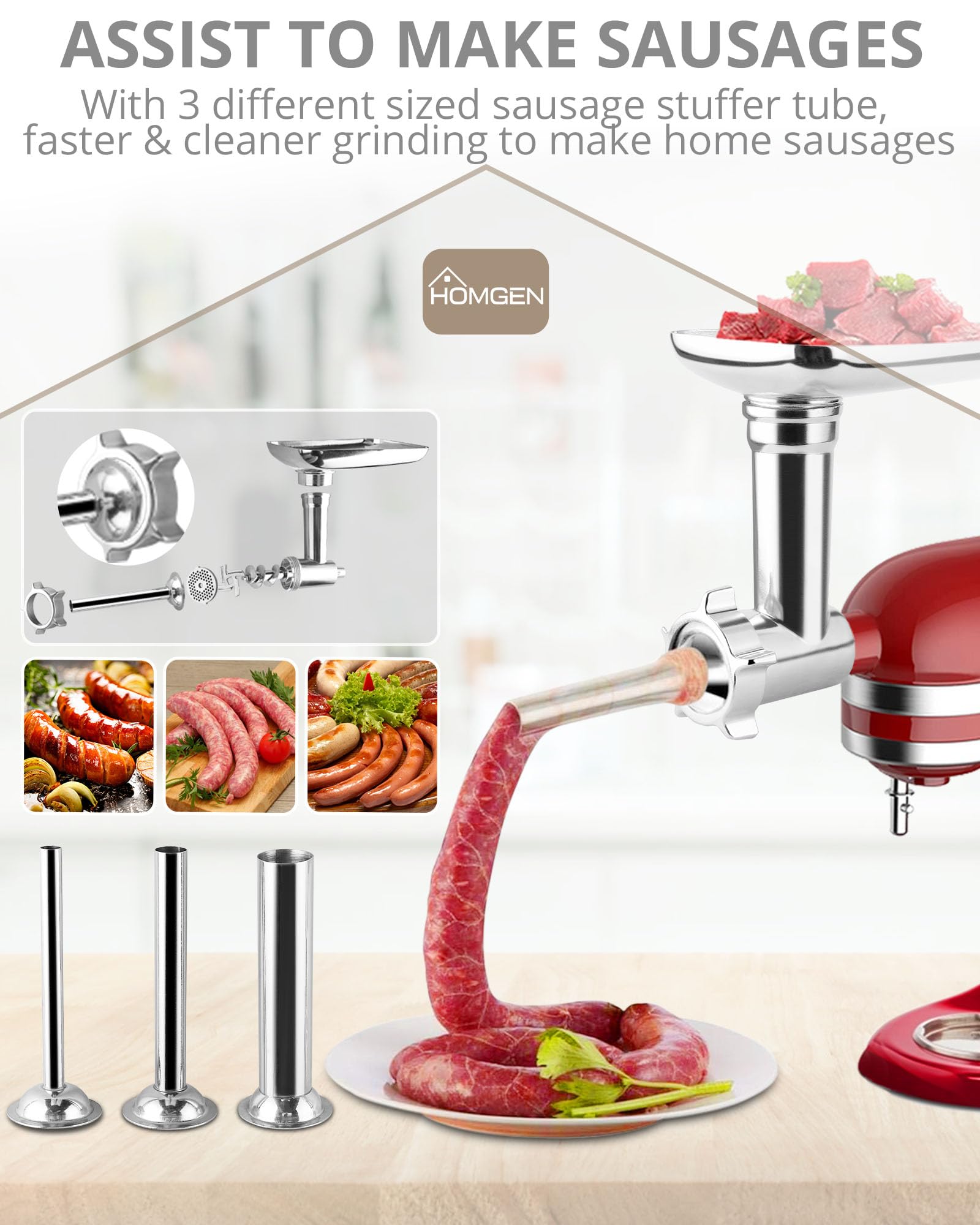 Meat Grinder Attachment for Kitchenaid, HOMGEN Professional Food Meat Grinder Attachment for Kitchenaid Durable Sausage Stuffer for kitchenaid Standmixers With Complete Accessories to Enjoy Cooking