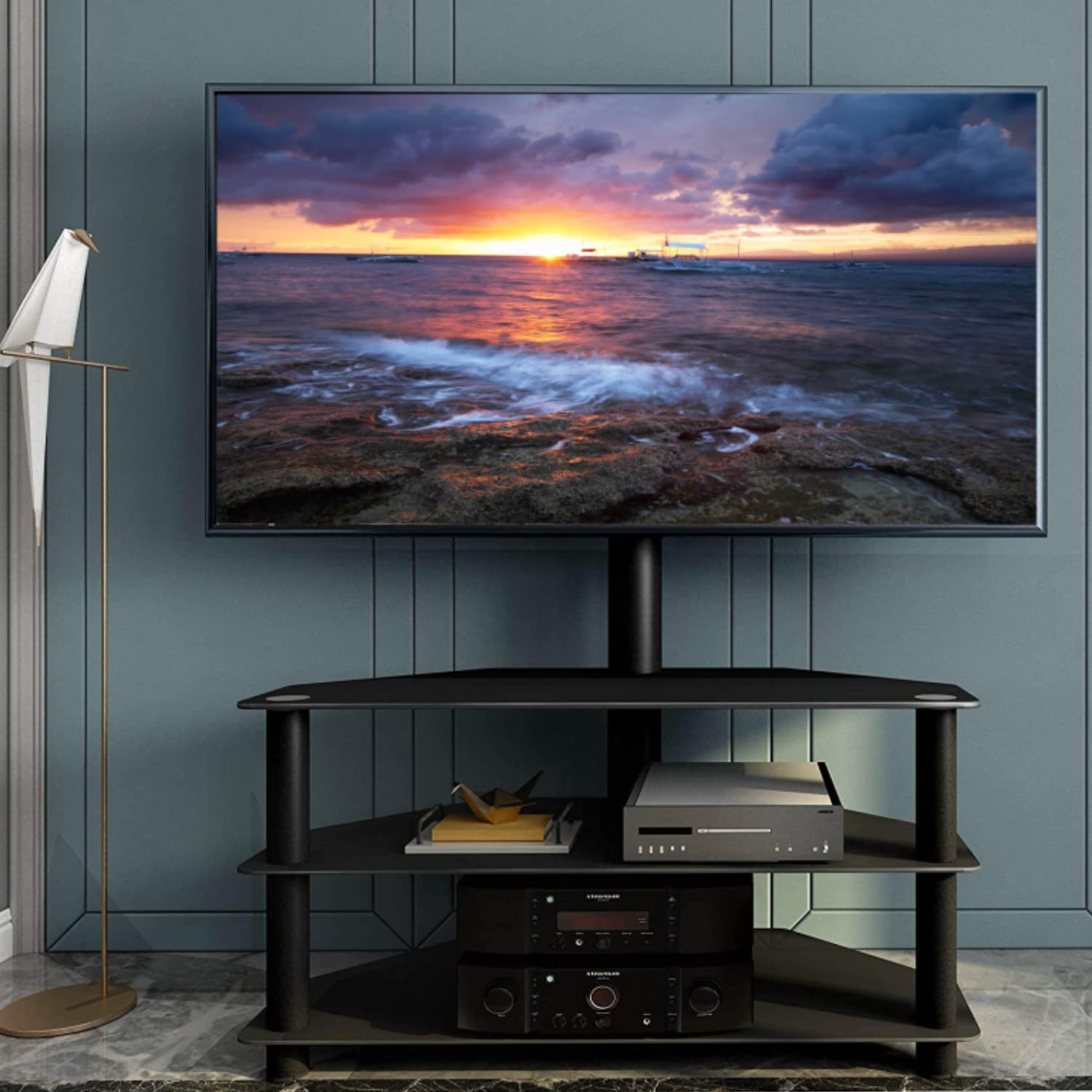 Swivel Corner Floor TV Stand with Mount for 32 37 43 47 50 55 60 65 inch Flat Curved Screen TVs, Adjustable 3-Tier Tempered Glass Storage Television Stand with Cable Management, Max VESA 600X400mm