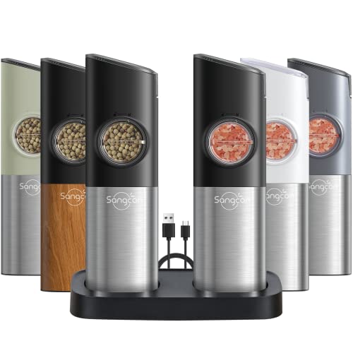 [Upgraded Larger Capacity] Sangcon Gravity Electric Salt and Pepper Grinder Set - USB Rechargeable With Dual Charging Base - Automatic One Hand Operation - Adjustable Coarseness & LED Light Refillable
