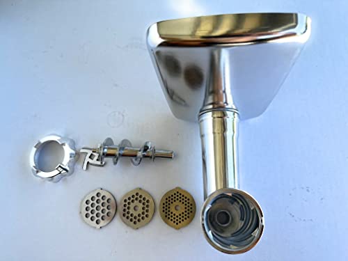 Meat Grinder attachments with feed tray, chute, and blade, Silver, 15x7