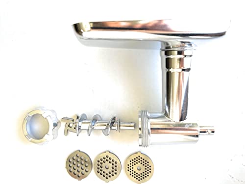 Meat Grinder attachments with feed tray, chute, and blade, Silver, 15x7