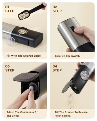 [Upgraded Larger Capacity] Sangcon Gravity Electric Salt and Pepper Grinder Set - USB Rechargeable With Dual Charging Base - Automatic One Hand Operation - Adjustable Coarseness & LED Light Refillable