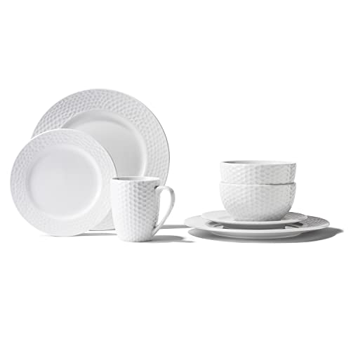 Elle Décor Darcie Round Dinnerware Set – 16-Piece Porcelain Dinner Set w/ 4 Dinner Plates, 4 Salad Plates, 4 Bowls & 4 Mugs, Darcie White, 7858-16-RB