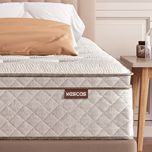 Kescas 8 Inch Memory Foam Hybrid Twin Mattress - Knitted Fabric Cover with Linen - Heavier Coils for Durable Support - Pocket Innersprings for Motion Isolation - Pressure Relieving - Medium Firm