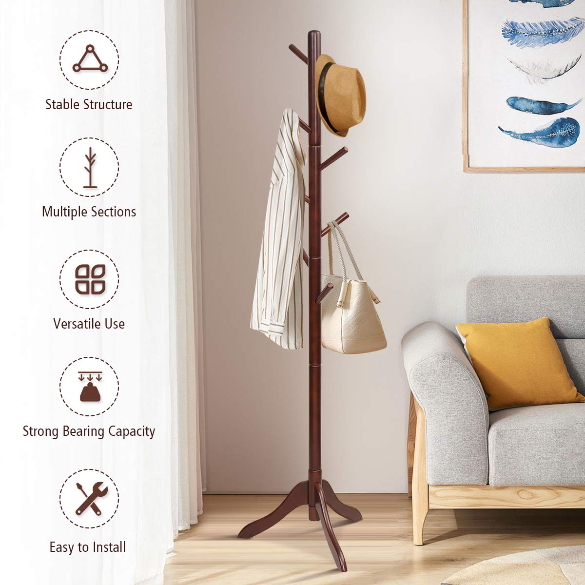 GOFLAME Coat Rack Freestanding, Wooden Entryway Coat Tree Hanger with 8 Hooks and 4 Sections, Height Adjustable Coat Stand for Home Office Hallway Entryway (Brown)