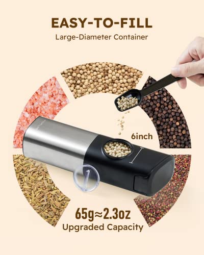 [Upgraded Larger Capacity] Sangcon Gravity Electric Salt and Pepper Grinder Set - USB Rechargeable With Dual Charging Base - Automatic One Hand Operation - Adjustable Coarseness & LED Light Refillable
