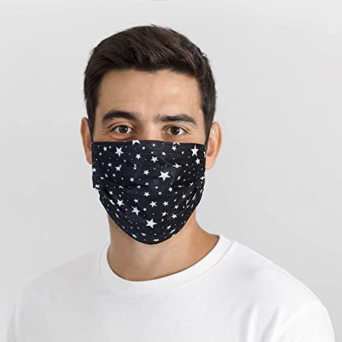 100 Pack Stars Individually Wrapped Disposable Face Mask, 3-Ply Non-woven Pattern Breathable Protective Face Masks,Black and White Disposable Mask,Product Mouth and Nose Cover for Adults