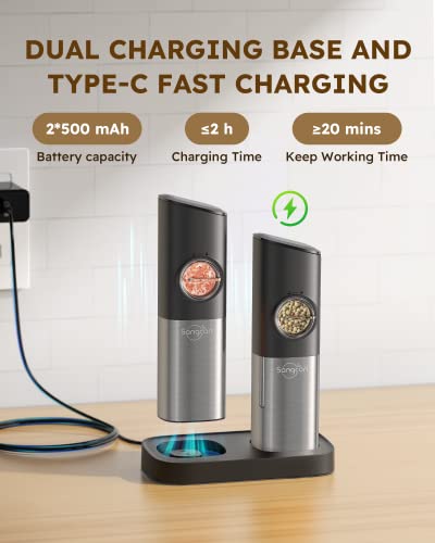 [Upgraded Larger Capacity] Sangcon Gravity Electric Salt and Pepper Grinder Set - USB Rechargeable With Dual Charging Base - Automatic One Hand Operation - Adjustable Coarseness & LED Light Refillable