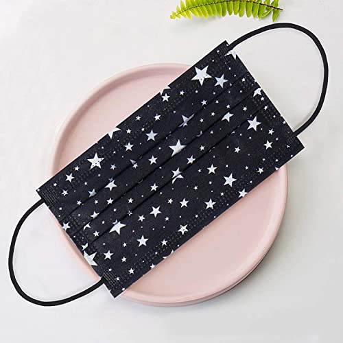 100 Pack Stars Individually Wrapped Disposable Face Mask, 3-Ply Non-woven Pattern Breathable Protective Face Masks,Black and White Disposable Mask,Product Mouth and Nose Cover for Adults