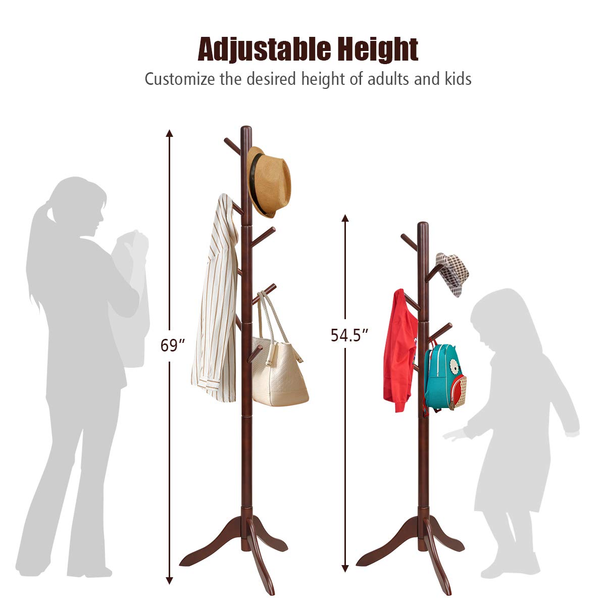GOFLAME Coat Rack Freestanding, Wooden Entryway Coat Tree Hanger with 8 Hooks and 4 Sections, Height Adjustable Coat Stand for Home Office Hallway Entryway (Brown)