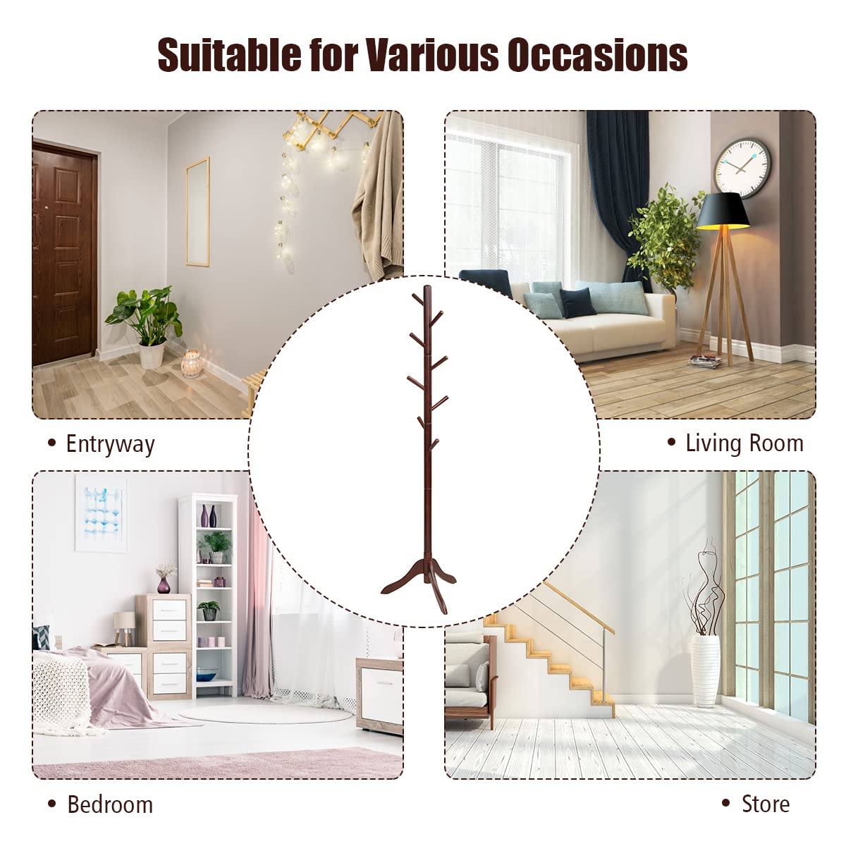 GOFLAME Coat Rack Freestanding, Wooden Entryway Coat Tree Hanger with 8 Hooks and 4 Sections, Height Adjustable Coat Stand for Home Office Hallway Entryway (Brown)