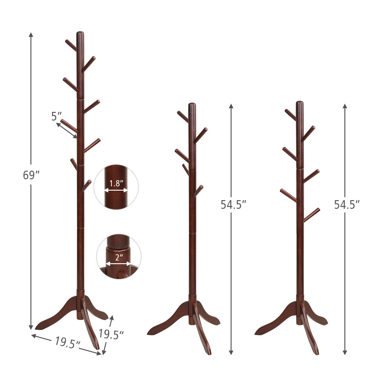 GOFLAME Coat Rack Freestanding, Wooden Entryway Coat Tree Hanger with 8 Hooks and 4 Sections, Height Adjustable Coat Stand for Home Office Hallway Entryway (Brown)