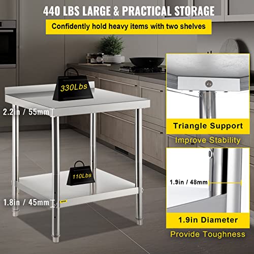 VEVOR Stainless Steel Prep Table, 30 x 24 x 35 Inch, 440lbs Load Capacity Metal Worktable with Backsplash and Adjustable Undershelf, Commercial Workstation for Kitchen Restaurant