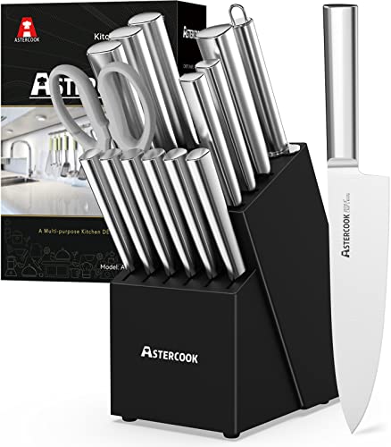 Knife Set, 15 Pieces Chef Knife Set with Block for Kitchen, German Stainless Steel Knife Block Set, Dishwasher Safe, Best Gifts, Silver Knives & Elegant Black Holder
