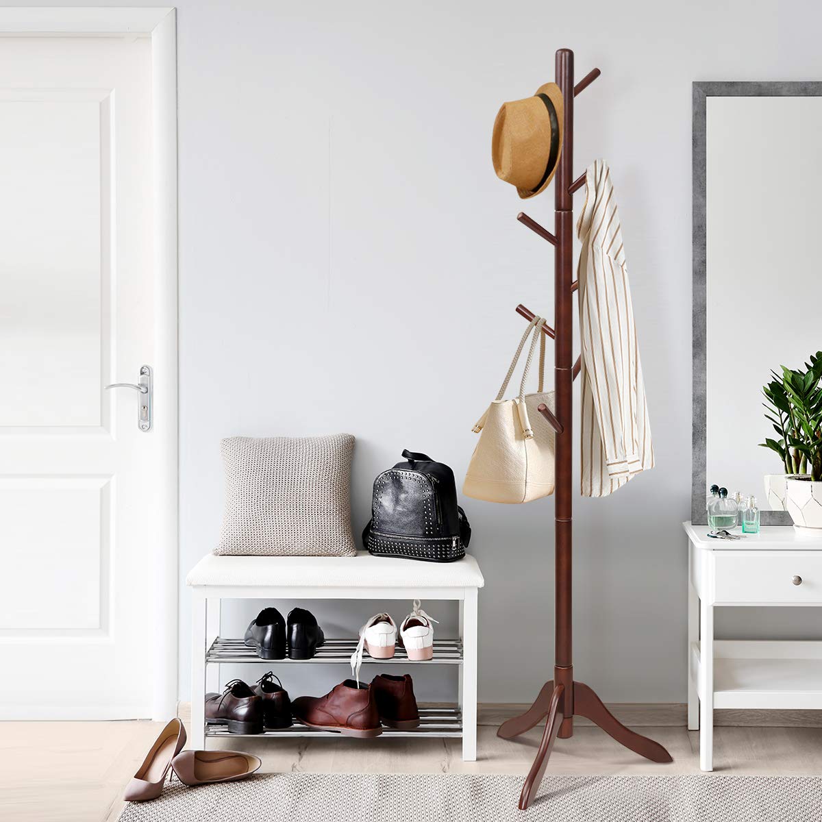 GOFLAME Coat Rack Freestanding, Wooden Entryway Coat Tree Hanger with 8 Hooks and 4 Sections, Height Adjustable Coat Stand for Home Office Hallway Entryway (Brown)