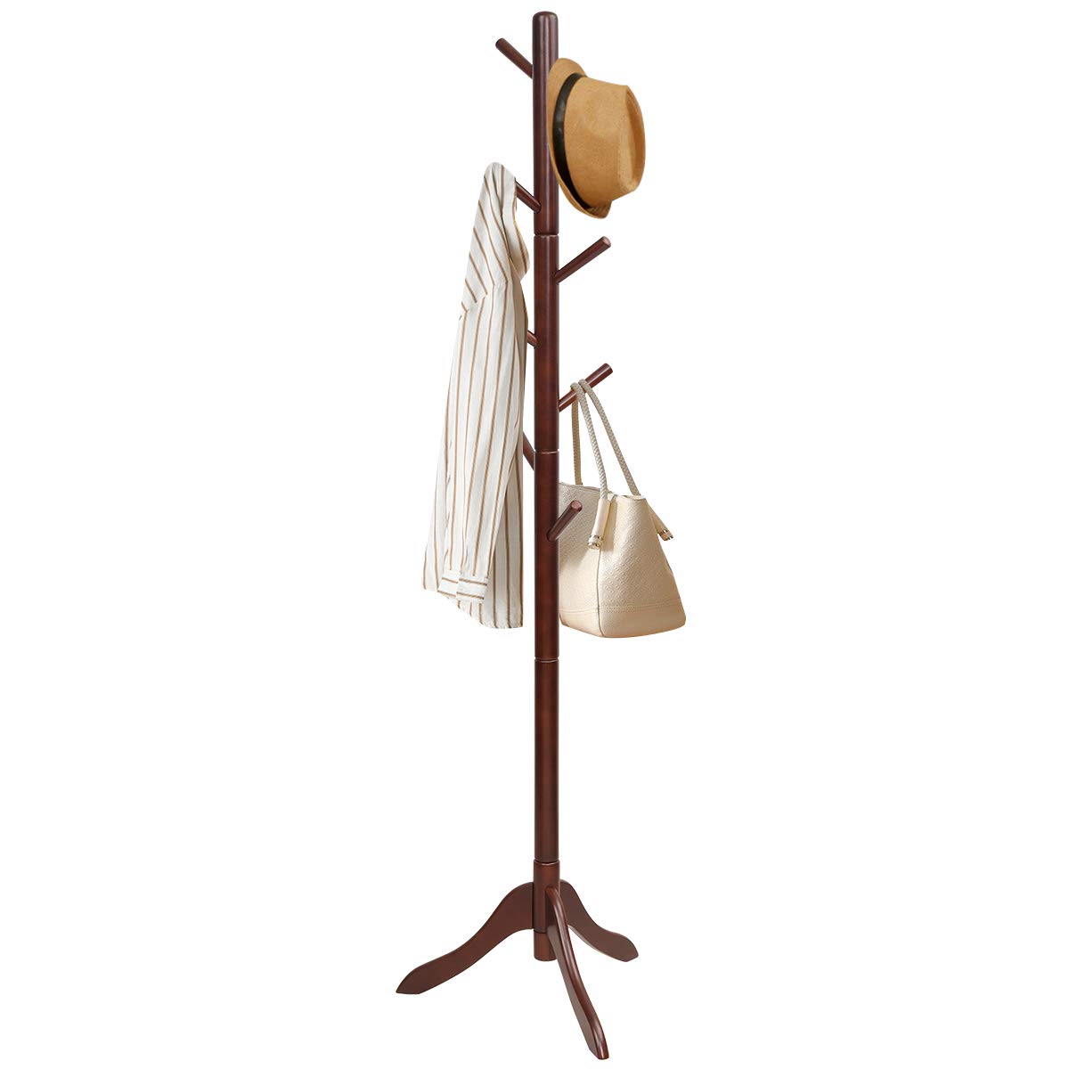 GOFLAME Coat Rack Freestanding, Wooden Entryway Coat Tree Hanger with 8 Hooks and 4 Sections, Height Adjustable Coat Stand for Home Office Hallway Entryway (Brown)