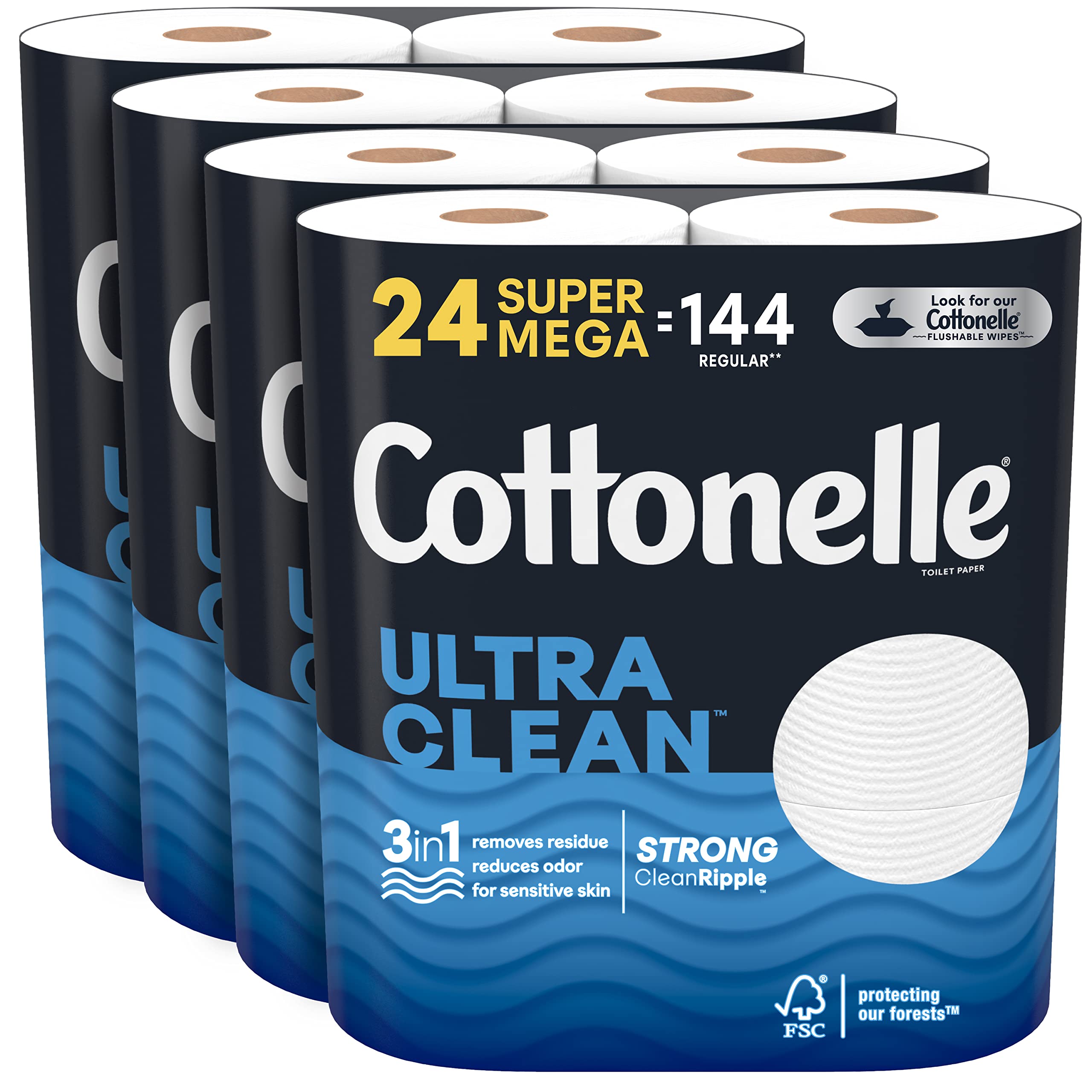 Cottonelle Ultra Clean Toilet Paper, 1-Ply, Strong Toilet Tissue, 24 Super Mega Rolls (4 Packs of 6) (24 Super Mega Rolls = 144 Regular Rolls), 468 Sheets per Roll, Packaging May Vary