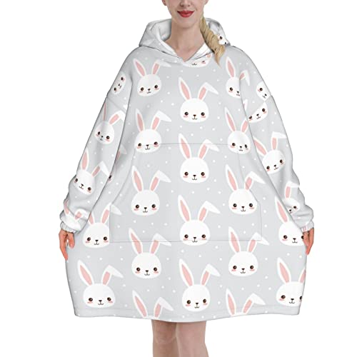 FeHuew Women Cute Bunny Cartoon Rabbits Blanket Hoodie Oversized Pullover Giant Fleece Sweatshirt with Large Front Pocket Comfy for Adults Men Women,One Size Fits All