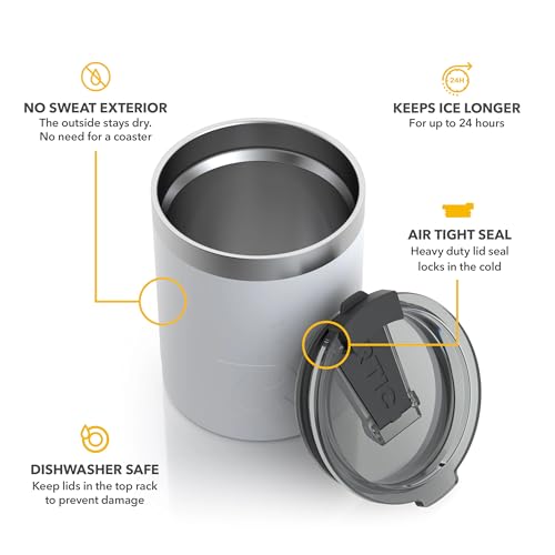 RTIC Lowball Tumbler with Splash Proof Lid, 12 oz, White, Insulated Travel Stainless Steel Coffee Mug, Sweat Proof, Keeps Hot & Cold Longer