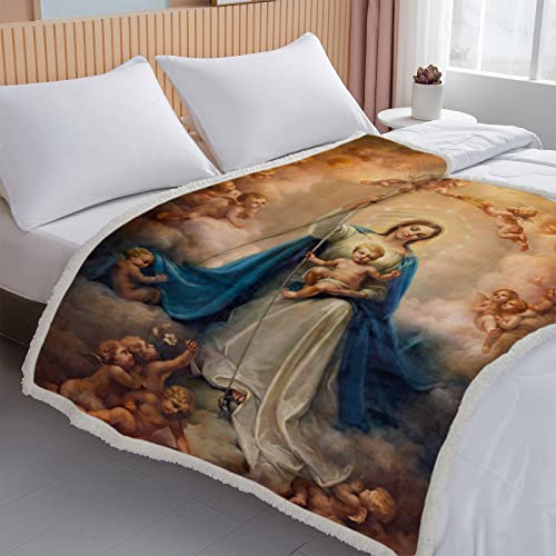 Bedmust Blue Virgin Angel Throw Blanket Virgin Maria Authentic Catholic Blankets Mother Blanket Flannel Fleece Throw Blanket (60x50 inches)