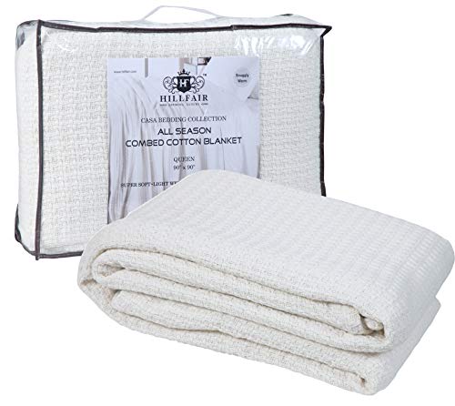 HILLFAIR 100% Soft Premium Combed Cotton Thermal Blanketā Queen Blanketsā Soft Cozy Warm Cotton Blanketā Bed Throw Blanketā Queen Bed Blanketsā All Season Cotton Blanketā Ivory Queen Cotton Blankets