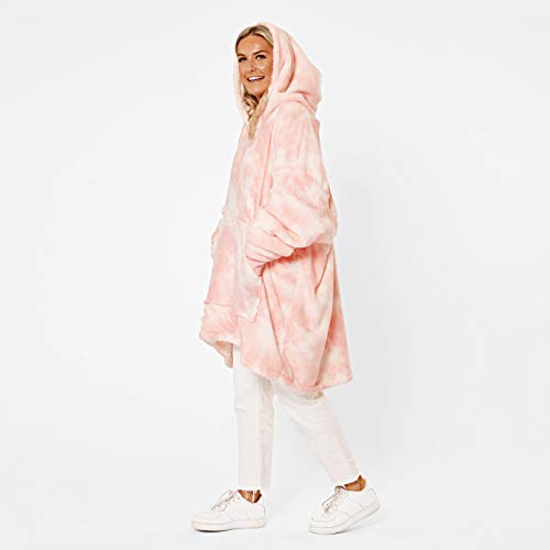 Dreamscene Tie Dye Pastel Hooded Hoodie Blanket Oversized Pullover Soft Sherpa Fleece Comfy Wearable Blanket Throw Giant Sweatshirt for Girls Teens Women Adults, One Size - Blush Pink